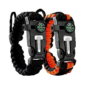 Atomic Bear Paracord Bracelet (2 Pack) - Adjustable - Fire Starter - Loud Whistle - Perfect for Hiking, Camping, Fishing and Hunting - Black & Black+Orange