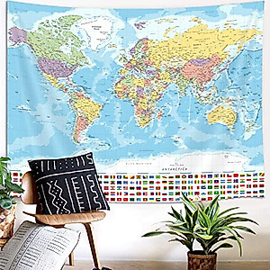 World Map Tapestry Wall Hanging, Map of The World with National Educational Wall Tapestries Room Decor, Boys Girls Kids Map Wall Tapestry for Bedroom Living Room Office Classroom (60X40")