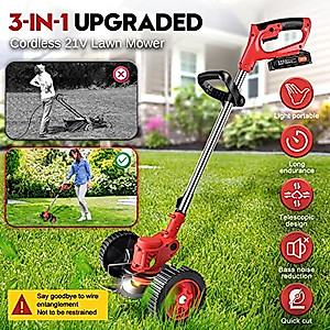 Cordless Weeder Mower Battery Powered 21V 2000mAh, Electric Weeder Brush Cutter, Height Adjustable Edge Trimmer Mini Mower 3-in-1 Cutting Tool, 8 Blades, 1 Wheel, 2 Batteries, 1 Charger