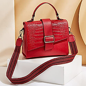Small Top-handle Bags for Women, Genuine Leather Crocodile Skin Ladies Crossbody Bags with 2 Shoulder Straps Womens Small Satchel Purses and Handbags (Red)