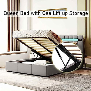 RIDFY Queen Size Bed Frame with LED Light Headboard, Modern Upholstered Bedframe with Bluetooth Player, USB Charging and Hydraulic Storage, Heavy Duty Platform Camas, Multifunctional (Gray)