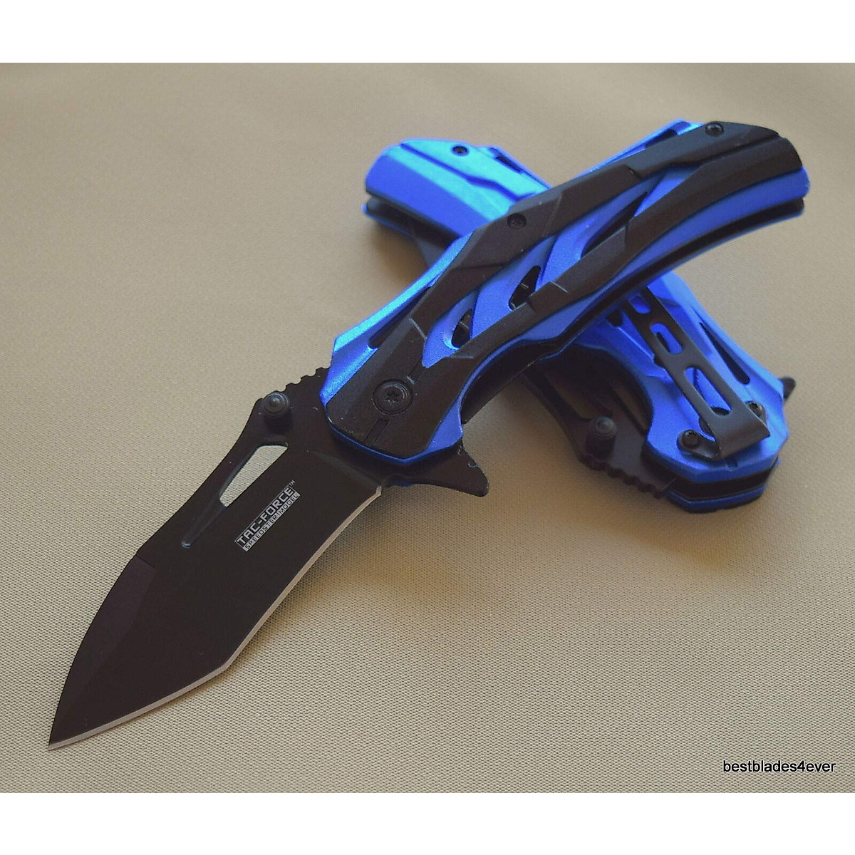 Black And Blue Open Folding Pocket Knife With 7.75 Inch Overall Outdoor Survival Hunting Knife for Camping by Survival Steel