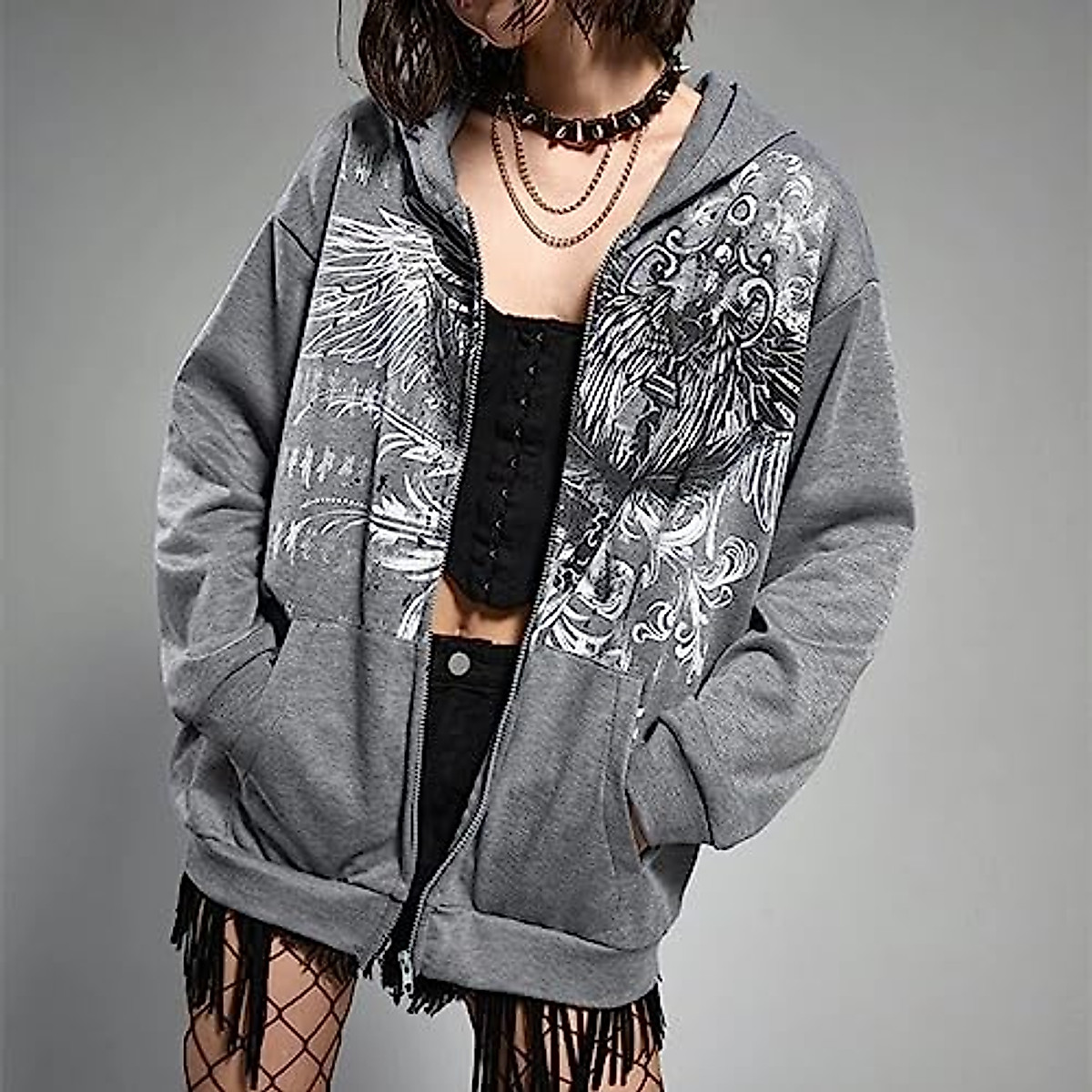 Winioder Women Y2K Zip Up Hoodie Vintage Graphic Oversized Hoodies Grunge Aesthetic Sweatshirt Jacket Skeleton Gothic Hoodie (B-Grey,X-Large)
