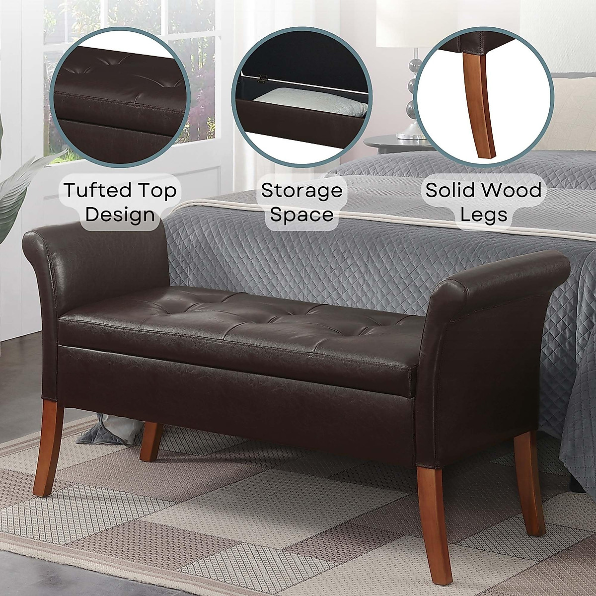 Convenience Concepts Designs4Comfort Garbo Upholstered Modern Ottoman Living Room, Sitting, Storage Bench with Seating for Entryway, 51.25", Espresso Faux Leather