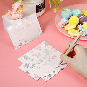 51 Pcs Diaper Raffle Tickets with Baby Shower Card Box Winter Wonderland Diaper Raffle Game Box Snowflake Diaper Raffle Sign Box Insert Cards for Gender Reveal Baby Shower Game Kit Party Decorations