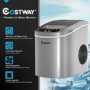 COSTWAY Countertop Ice Maker, 26LBS/24H Portable and Compact Ice Maker Machine, Ice Cubes Ready in 6 Mins, Electric High Efficiency Small Ice Maker with Ice Scoop for Home Kitchen Office, Silver