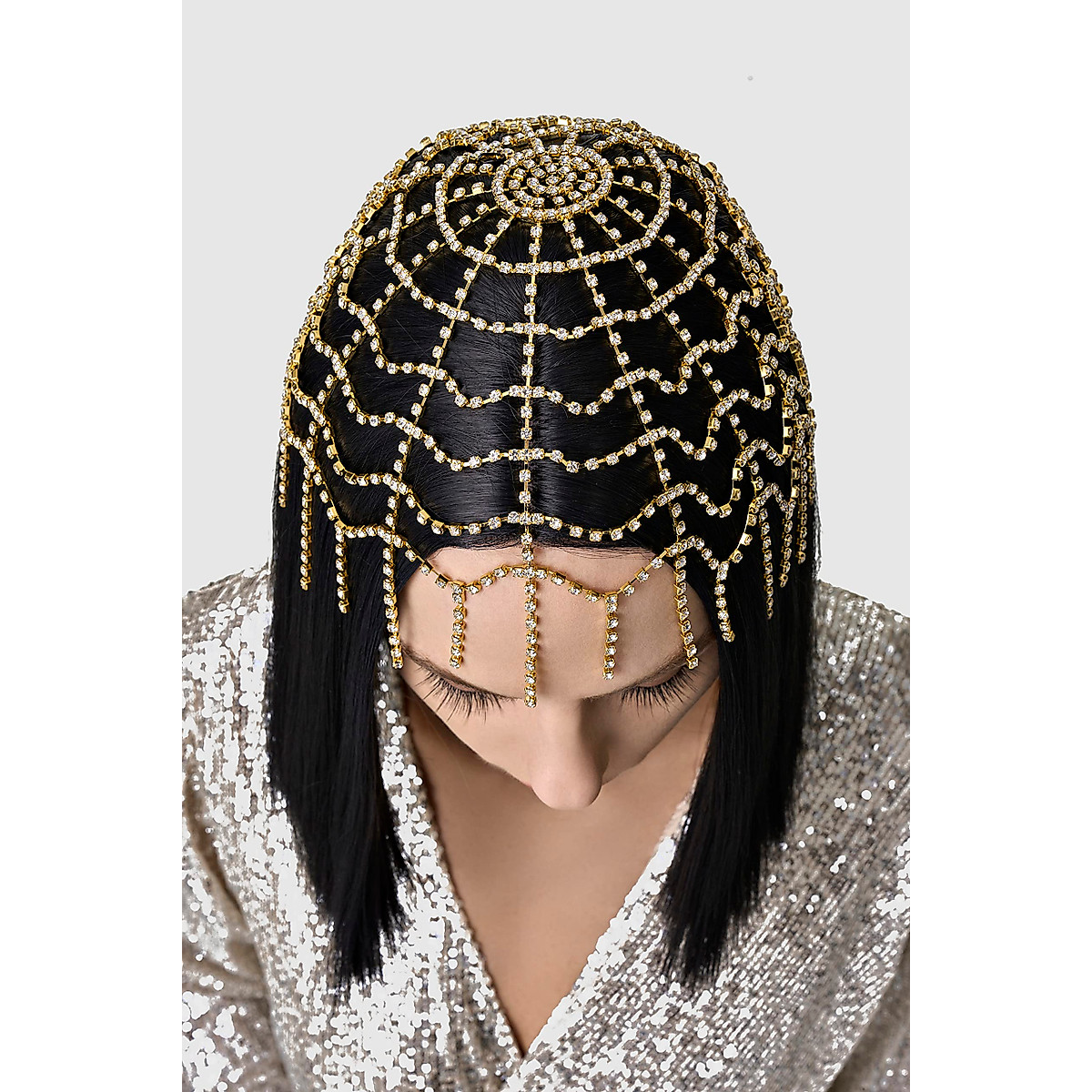 BABEYOND Vintage Style Roaring 20s Crystal Rhinestone Flapper Cap Headpiece Head Jewelry Chains (A-Gold)