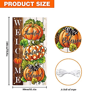 SENSEVEN Fall Pumpkin Thanksgiving Door Banner, Large Thanksgiving Thankful Grateful Blessed Fall Door Cover, Harvest Autumn Welcome Porch Sign Door Decor Backdrop Banner 70.9 x 35.4 Inches