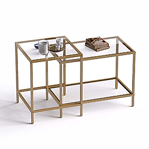 Coffee Table Set of 2,Gold Glass Nesting Coffee Side End Table,Square Modern Center Table for Living Room,Bedroom and Small Spaces,Tempered Glass-top with Sturdy Metal Frame, Easy Assembly