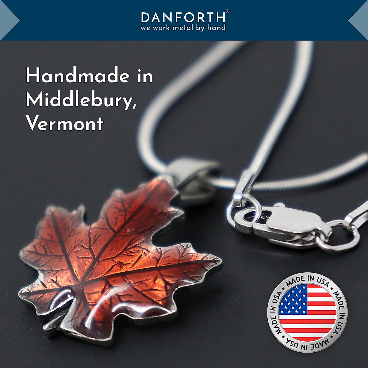 DANFORTH – 1” Maple Leaf Fall/Autumn Necklace, Pewter Pendant, Handcrafted, 18” Sterling Snake Chain, Made In USA