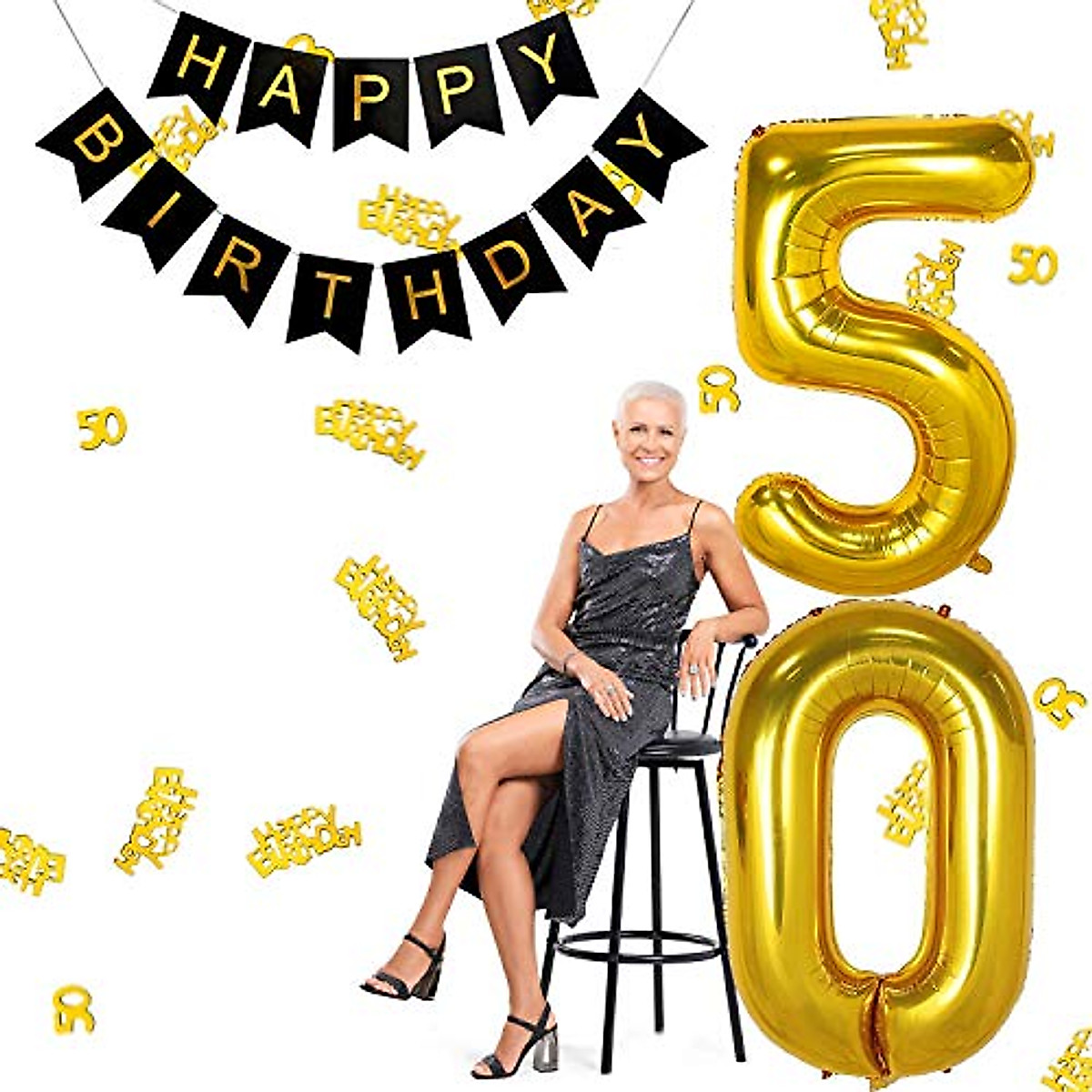 MOVINPE 50th Black Gold Birthday Party Decoration, Happy Birthday Banner, Jumbo Number 50 Foil Balloon, 2 Fringe Curtain, Latex Confetti Balloon, Table Confetti for Boy Girl Men Women Anniversary