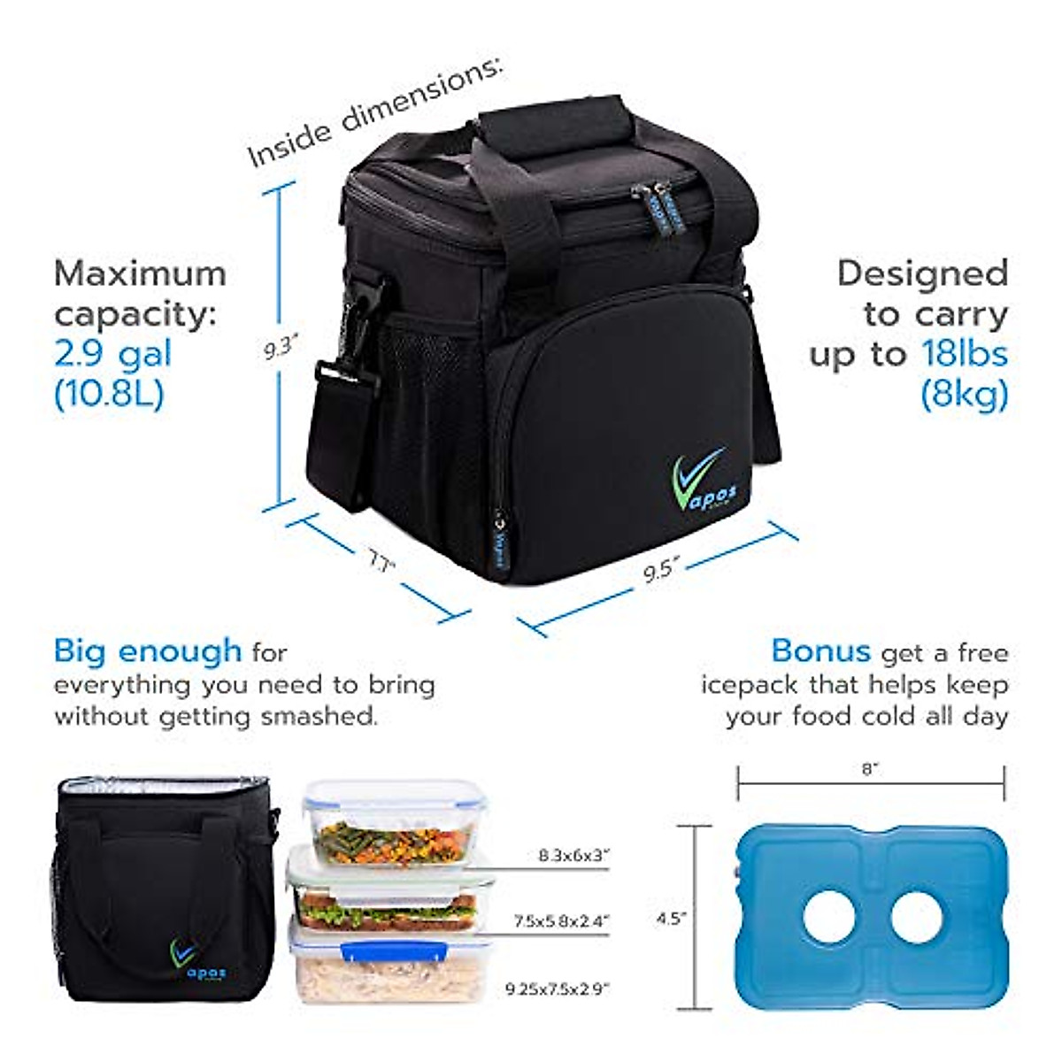 Vapos Roomy Insulated Lunch Bag for Men and Women with Space for More Meals and Snacks. Easy to Clean. Keeps Food Fresh for 8h. Functional Lunch Box for Adults with More Pockets for daily essentials.