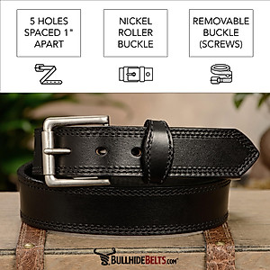 Bullhide Belts Mens Leather Belt for Work, Casual, Dress, 1.50" Wide, Black, 40"