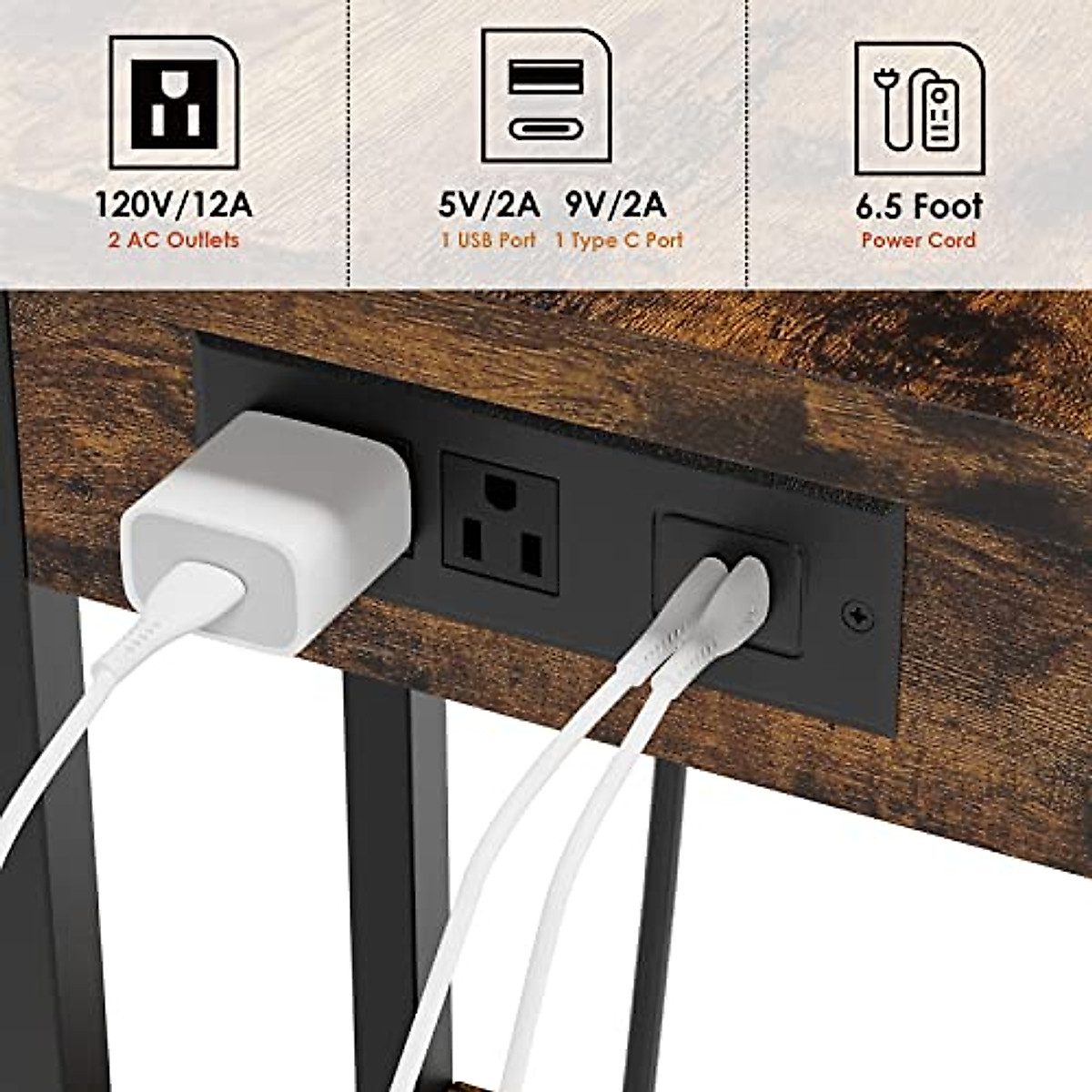 C Shaped Side Table, Mobile Couch Snack Side Table with USB Ports and Charging Station, Narrow End Table with 3 Tier Storage Shelf with Wheels for Small Spaces, Living Room, Bedroom