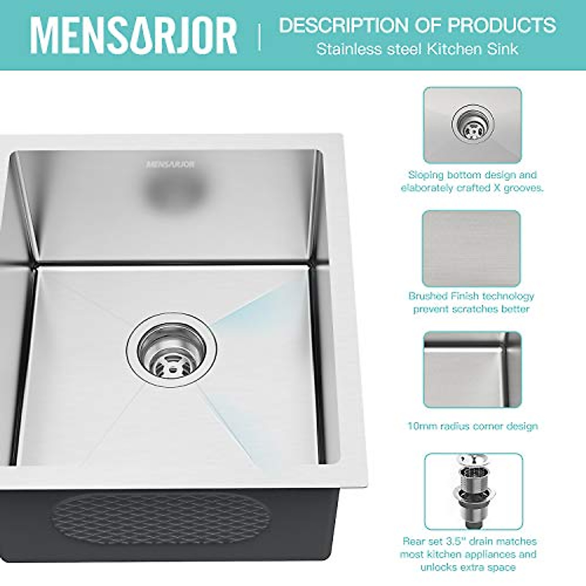 Bar Sink, MENSARJOR 14 x 14 Inch Undermount 16 Gauge Single Bowl Handmade Stainless Steel Kitchen/Bar Sink