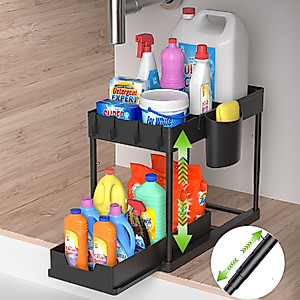 2 Pack Under Sink Organizers and Storage, 2 Tier Black Bathroom Cabinet Organizer with 4-Height Adjustable Telescopic Tube,4 Removable Dividers,4 Hooks,1 Cup,Bathroom Under Sink Organizer for Home