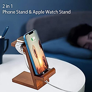 Shevvi Stand for Apple Watch, 2 in 1 Walnut Wood Phone Stand Holder for iPad Tablet, Desktop Stand Charging Dock for iPhone 14 13 12 11 All Series and Apple Watch Series 8/SE2/7/6/SE/5/4/3/2/1