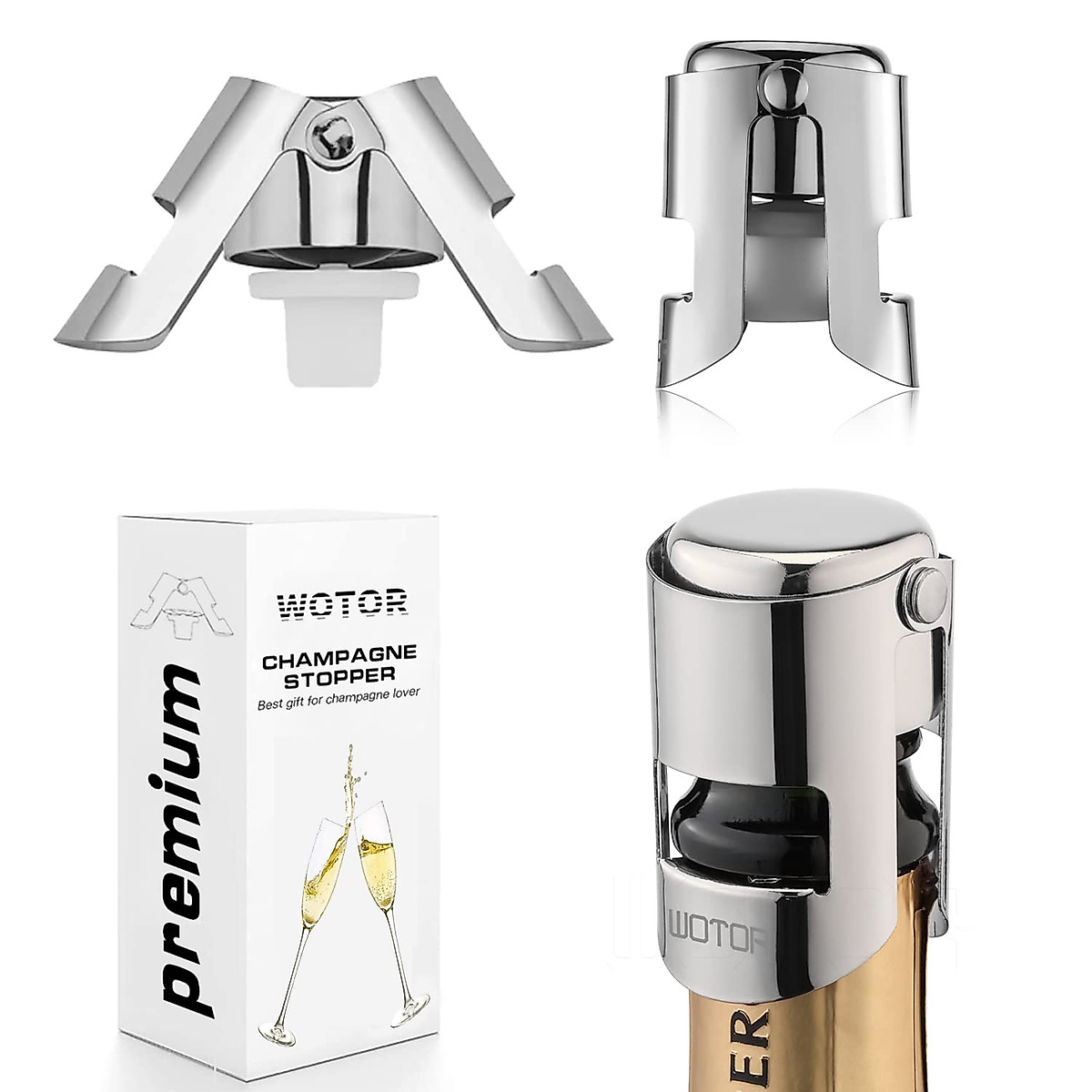 WOTOR 3 Pack Champagne Stoppers with Stainless Steel Champagne Bottle Stoppers with Food Grade Silicone Reusable Champagne Cork, Saver Suitable for Champagne, Cava, Prosecco and Sparkling Wine（Silver）