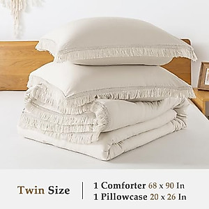 Andency Twin Comforter Set Beige, 2 Pieces Boho Tassel Kids Comforter Sets for Boys Girls Teens, Soft All Season Bedding Comforter Set (66x90In Comforter & 1 Pillowcase)