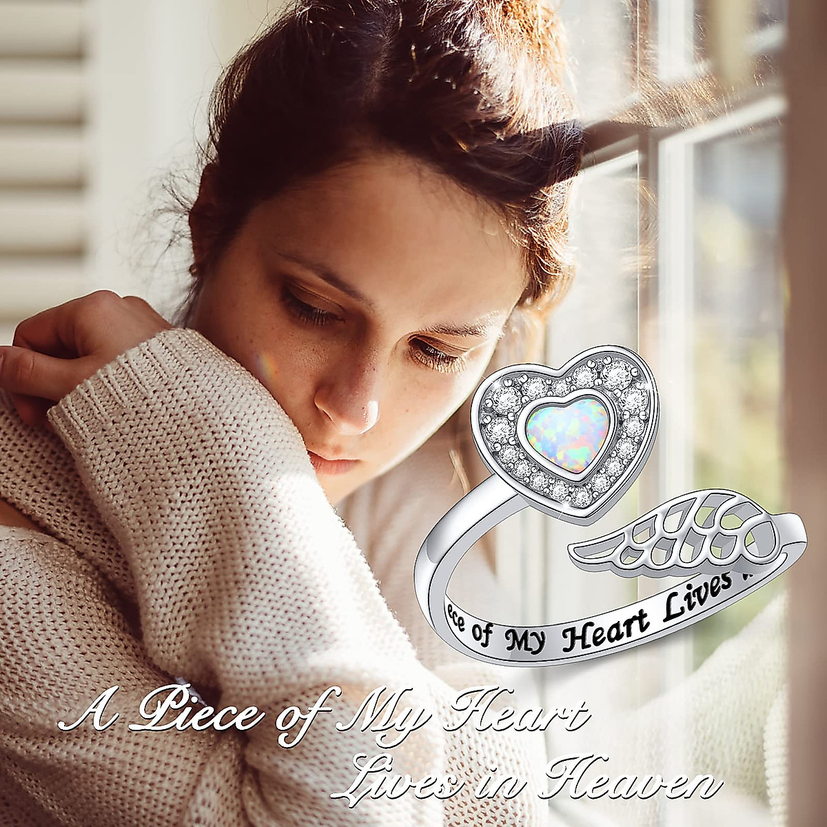 925 Sterling Silver Angel Wing Ring for Women Memorial Jewelry Engraved A Piece of My Heart Lives in Heaven Wrap Open Ring Lap Opal Heart Rings Adjustable Size 8
