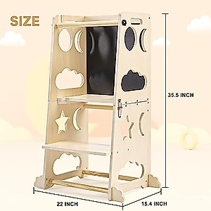 Toddler Kitchen Stool Helper with Chalkboard & Safety Rail, 3 in 1 Learning Tower Toddler Step Stool Kitchen Helper for Bathroom Sink, Kids Folding Step Stool, Standing Tower for Toddlers 1-3