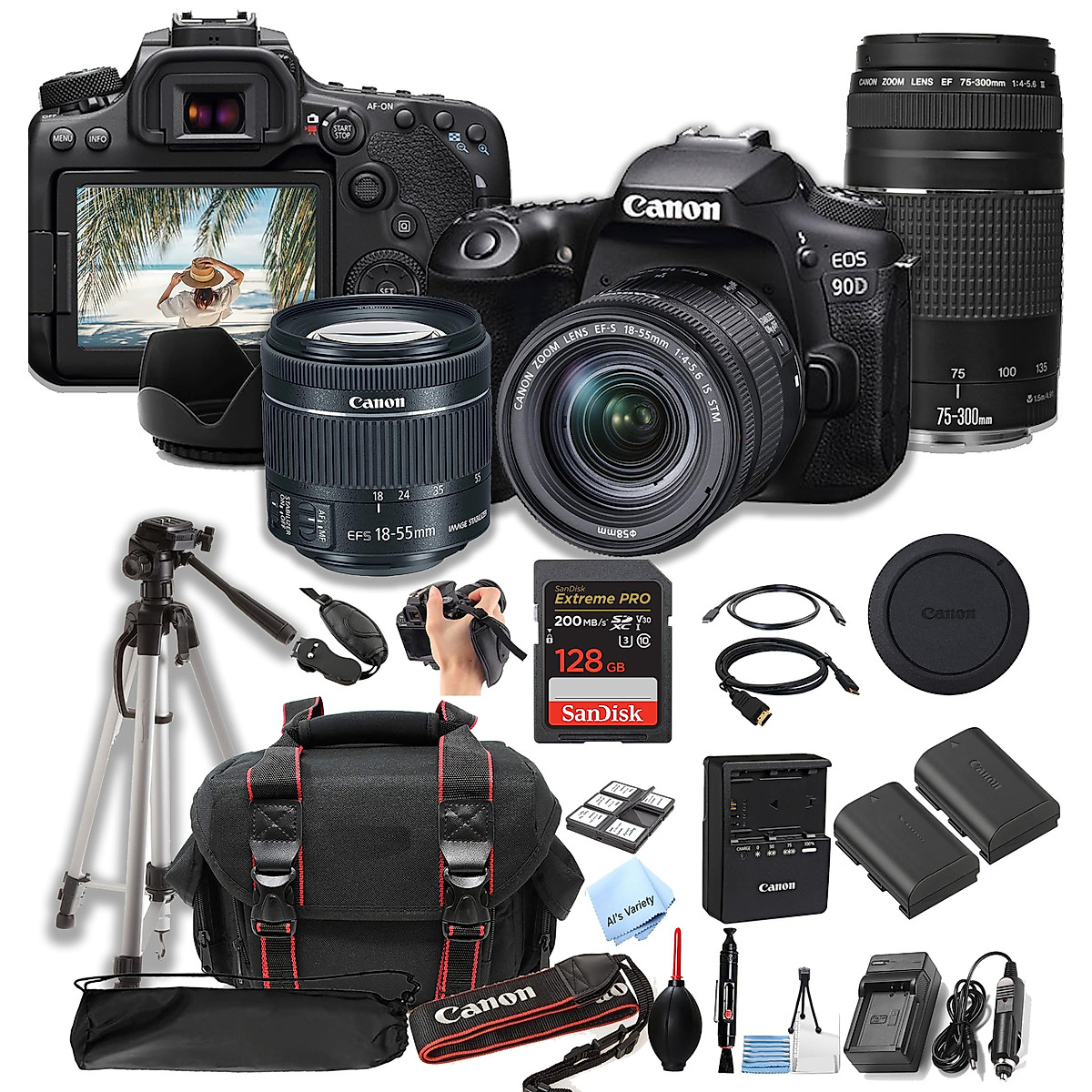 Canon EOS 90D DSLR Camera w/EF-S 18-55mm F/4-5.6 STM + 75-300mm F/4-5.6 III + 128GB Pro Speed Memory + Case + Tripod -Proffesional Bundle (Renewed)