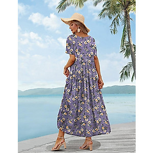 YESNO Women Casual Loose Bohemian Floral Dress with Pockets Short Sleeve Long Maxi Summer Beach Swing Dress 2XL EJF CR08 Purple