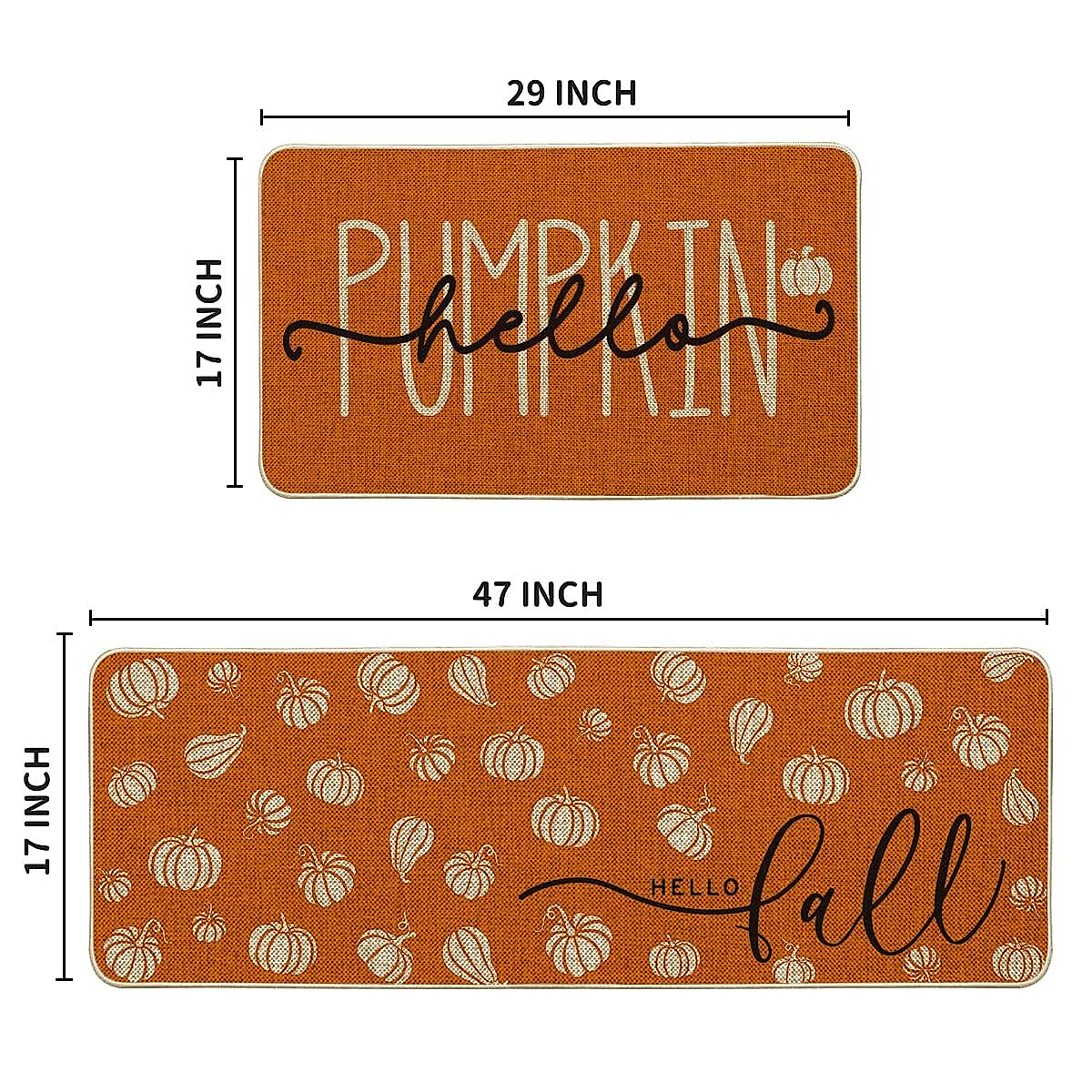Artoid Mode Orange Hello Pumpkin Fall Kitchen Mats Set of 2, Autumn Home Decor Low-Profile Kitchen Rugs for Floor - 17x29 and 17x47 Inch