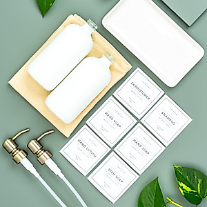 Vine Creations Glass Soap Dispenser, 2 Pack Kitchen Soap Dispenser Set with Ceramic Tray, Stainless Steel Pump, Dish Soap and Hand Soap Dispensers for Bathroom or Kitchen Decor with Waterproof Labels