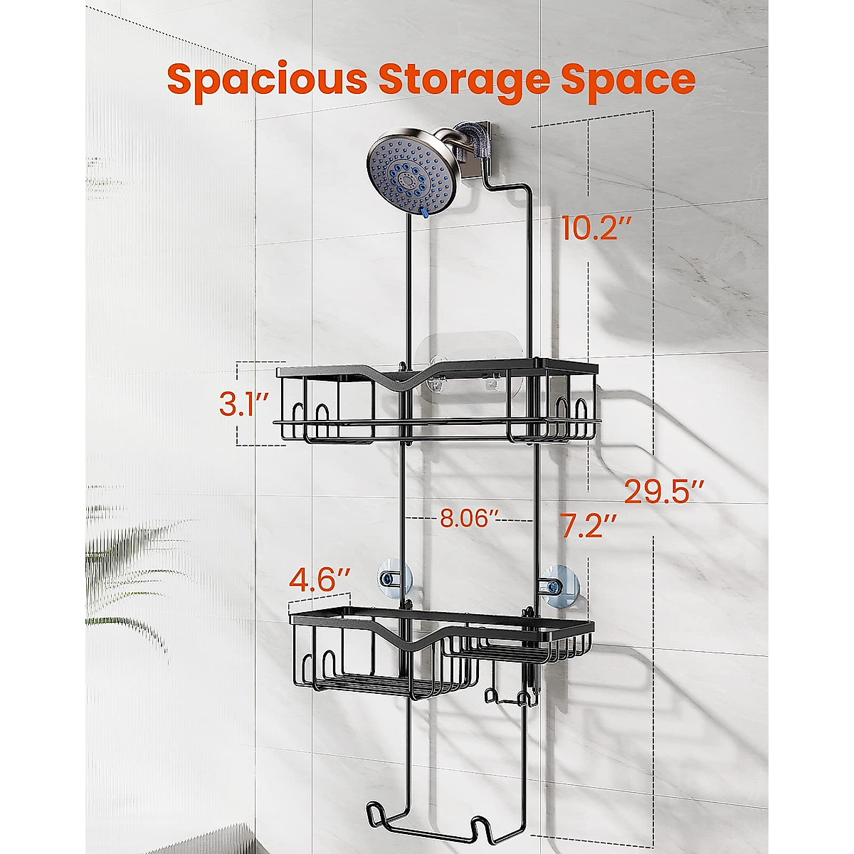 AMADA Hanging Shower Caddy, Shower Caddy Over Shower Head, Rustproof Stainless Steel Shower Organizer with Soap Holder & Hooks, Shower Rack for Shampoo, Sponges, Towels, No Drilling Required, Black