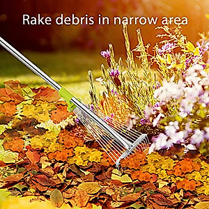Adjustable Garden Leaf Rake 5.5ft, Collapsible Metal Yard Rake for Leaves with Expandable Head 7-16", Collect Loose Debris for Lawns Camping Shrubs and Rose Bushes Heavy Duty