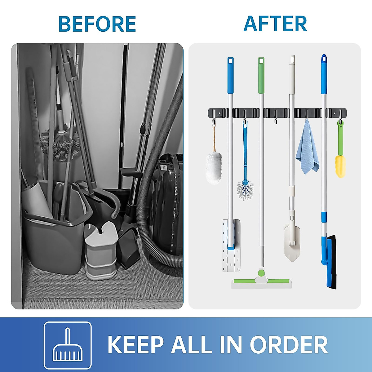 ZONGOOL 2 Pack Broom Holder Wall Mount, 4 Racks and 5 Hooks Mop Hanger Wall Mount Broom Organizer Stainless Steel Heavy Duty Garage Tool Racks for Home Kitchen Garden Laundry (Black)