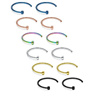 SCERRING 22 Gauge Stainless Steel Flat Top Fake Faux Nose Hoop Ring Rings Piercing Body Jewelry Set Unisex 6mm 12PCS - Mix Color