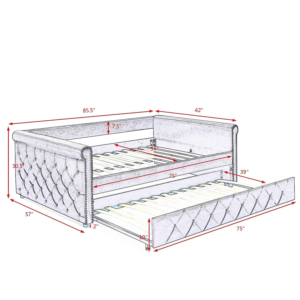 ATY Full Size Daybed with Twin Trundle, Upholstered Sofa Bed Design w/Button Tufted & Copper Nail, Perfect for Bedroom, Guestroom, Living Room, No Spring Box Needed, Black