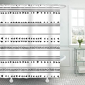 Rtteri 4 Pcs Boho Shower Curtain Sets with Rugs, 72 x 72 Inch Fabric Bathroom Curtains Set with Hooks Water Absorbent Bath Rugs Toilet Lid Cover Black White Chic Triangle and Geometric Bathroom Decor