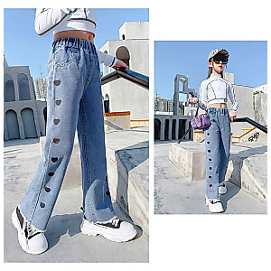 NABER Kids Girls Casual Wide Leg Denim Pants Heart Pattern Elastic Waist Jeans Size 4-14 Years (Blue2, 13-14 Years)