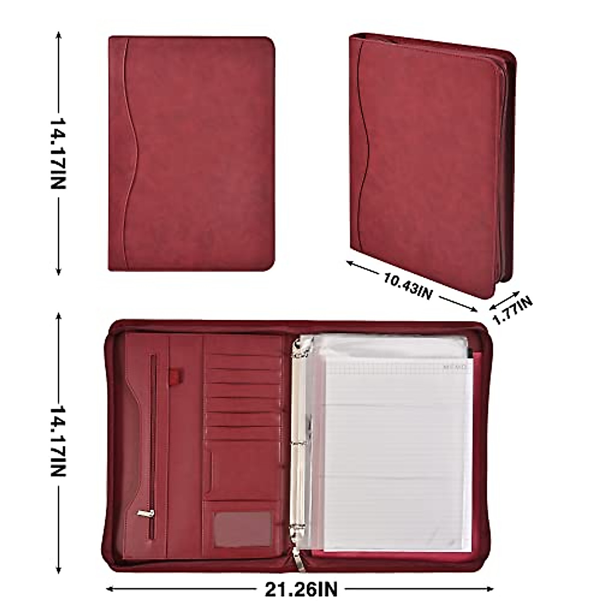 Linaxbong Padfolio Portfolio Business Binders—3 Ring Binders，Secure Zippered Closure，Resume padfolio Business Organizer—Pu Leather Padfolio Portfolio Binders for Men & Women(WR)