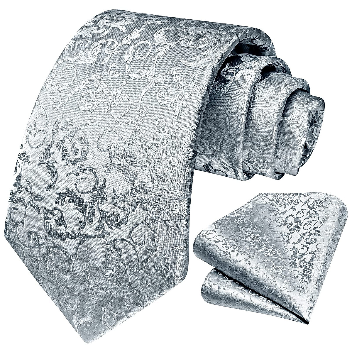 Silver Tie for Men Solid Paisley Floral Grey Mens Ties Handkerchief Set Classic Business Flower Tuxedo Neckties for Wedding Party Tie