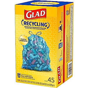 Glad Recycling Tall Drawstring Kitchen Trash Bags, Blue, 13 Gallon, 45 Count, Pack May Vary