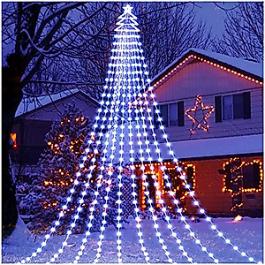Gorrzai Outdoor Christmas Decorations Yard Star String Lights 420 LED Waterproof Christmas Tree Lights with Tree Topper, 8 Lighting Modes Waterfall Lights for Yard Patio Garden Party (Cold White)