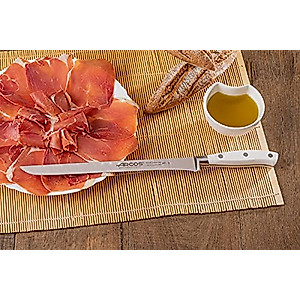 ARCOS Forged Slicing Knife / Ham Knife 10 Inch Nitrum Stainless Steel and 250 mm blade. Ergonomic Polyoxymethylene POM Handle. Series Riviera Blanc. Thin blade with a characteristic smooth edge. Color White.