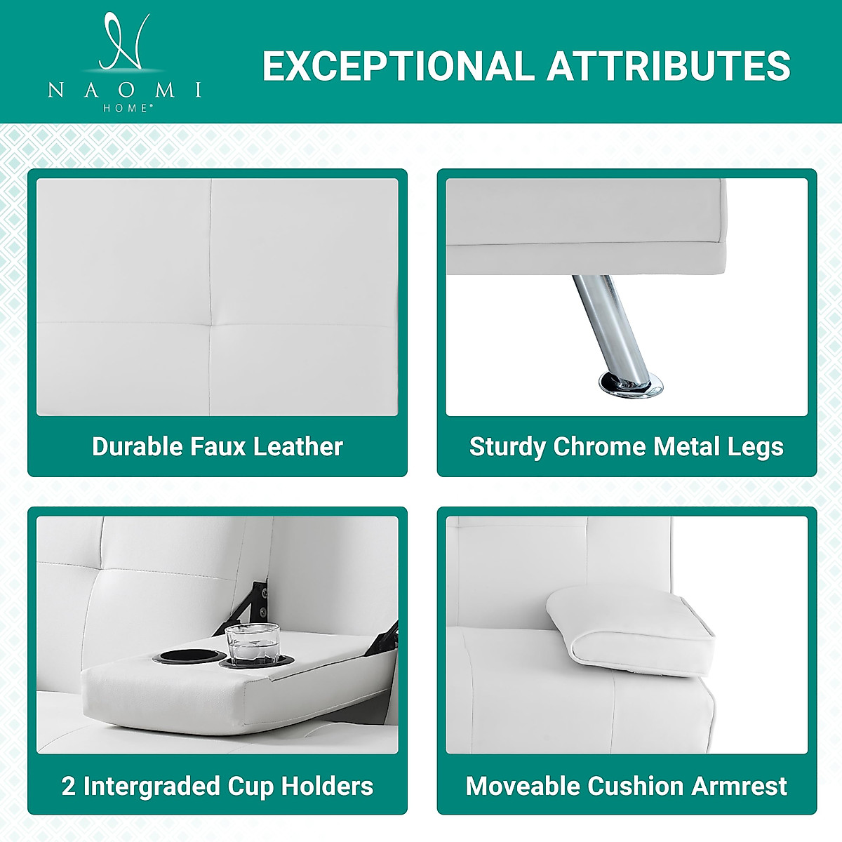 Naomi Home White Faux Leather Futon Sofa Bed, 3-Position Reclining Small Couch with Armrest, 2 Cupholders, 500 lbs Weight Capacity, Living Room