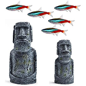 SunGrow Tropical Fish Aquarium Decor, Easter Island Statues, 7" and 5", Resin Replicas of World Famous Moai Figures, 2 Pcs