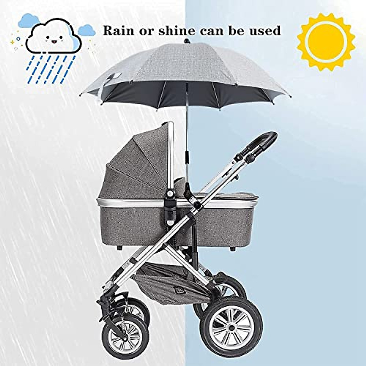 Baby Stroller Parasol, Universal Umbrella with Clamp, 360 Degree Adjustable UV Protection Stroller Sun Shade, Waterproof Umbrella for Trolley, Bike, Wheelchair, Beach Chair