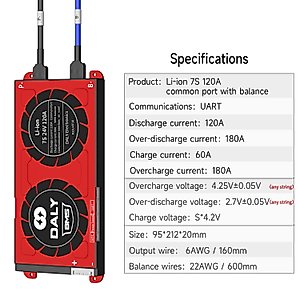 DALY Smart BMS 24V L-ion 7S 120A with Bluetooth Module Resetting Program Common Port for DIY Lithium Battery Pack(Smart BMS,120A)
