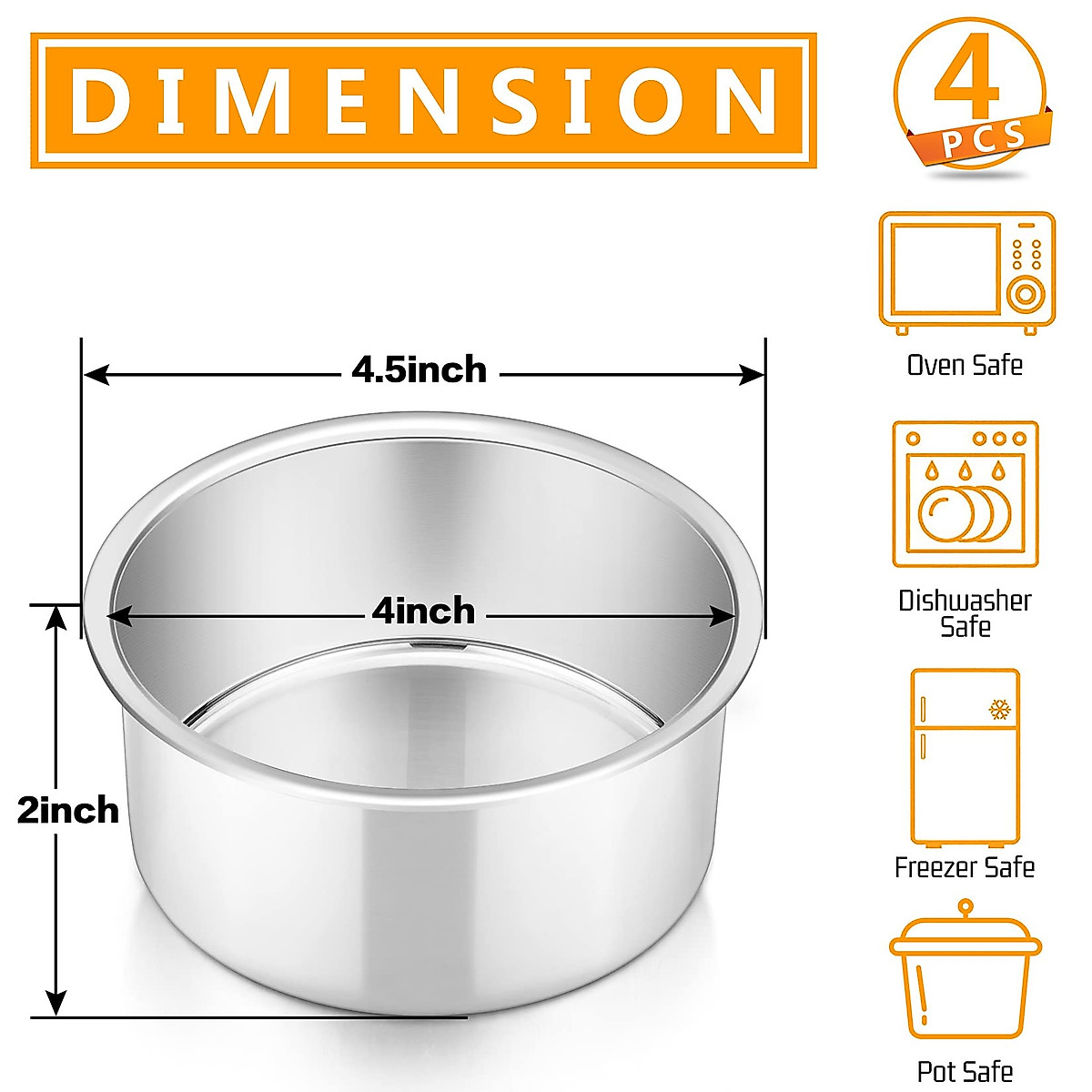 P&P CHEF Cake Pan Set of 4, Stainless Steel Baking Round Cake Pans Tins Bakeware for Birthday Wedding, Leak-proof & Easy Clean, Mirror Finish & Easy Releasing, 4 Inch