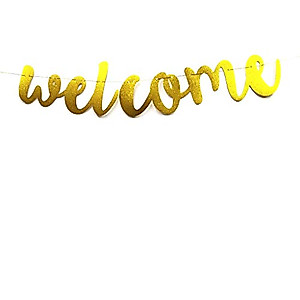 Welcome Gold Glitter Vintage Party Banner Wedding Birthday Bunting House Home Classroom Decorations Garland Photo Props Back to School Party Supplies (Gold)