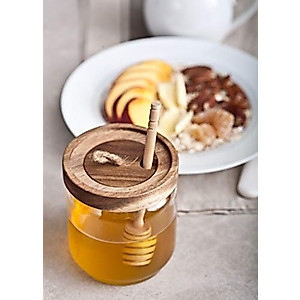 Honey Jar Pot Glass Holder Dispenser Set with Wooden Dipper Stick and Acacia Lid Cover for Home Kitchen, Clear, Modern Honey Syrup Glass Container for Storage Gift, Honey Pot and Drizzler (9 Oz)