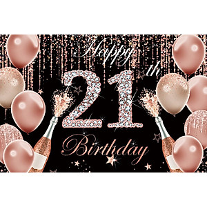CRTPOD 10x8ft 21th Birthday Backdrop for Photography Rose Gold Balloon Champagne Diamond Glitter Background for Girl Women Birthday Party Cake Table Banner Photoshoot Studio Props