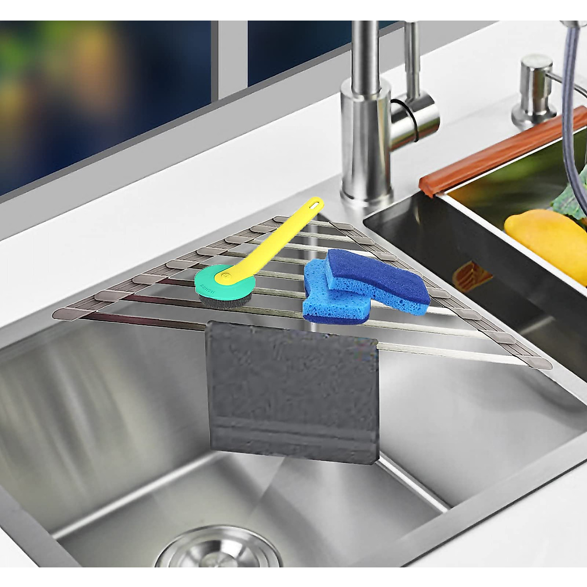 Ahyuan Corner Sink Dish Drainer Over The Sink Dish Drying Rack Corner Dish Rack SUS304 Cubic Stainless Still Kitchen Sponge Holder Corner Sink Sponge Caddy Dish Rack (Gray)